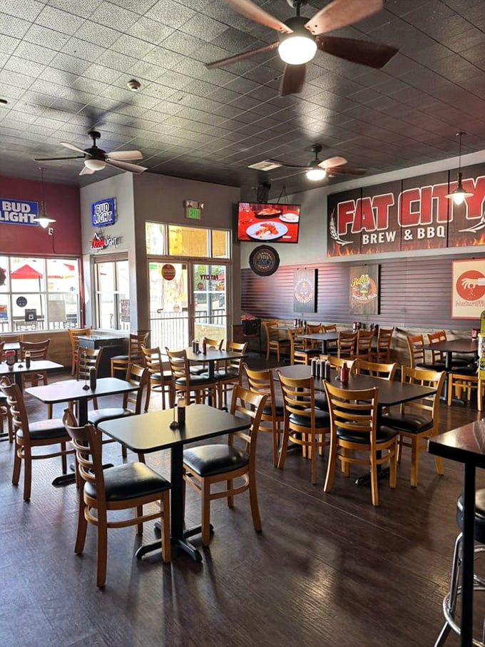 Classic brewpub vibes with ceiling fans lazily spinning overhead. The kind of comfortable space where you can settle in for serious meat contemplation.