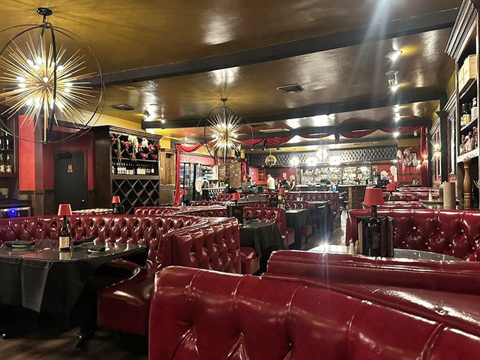 Red leather booths and starburst chandeliers transport you to the Rat Pack era. Frank and Dean could walk in any minute, martinis already ordered.