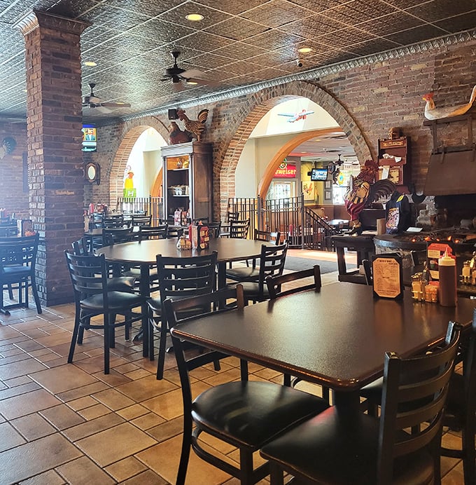 Brick archways divide the dining space like chapters in a comfort food novel. Each table tells a different story, but chicken is always the protagonist.
