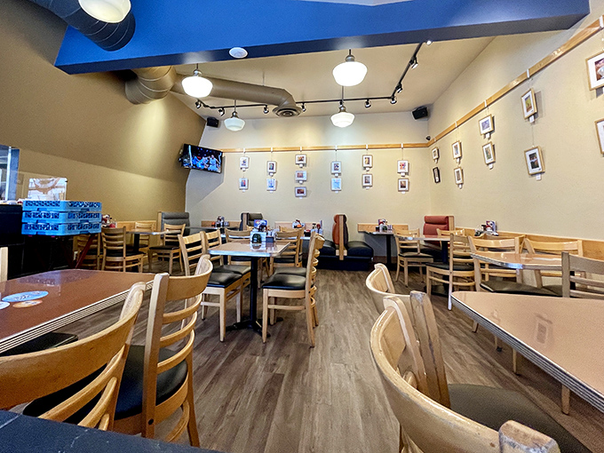 Simple wooden chairs and clean lines create an unpretentious dining space where the food, not the decor, rightfully takes center stage.