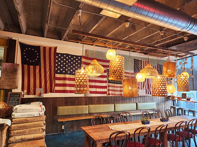 American flags and woven basket lights create the perfect backdrop for carbohydrate communion. Patriotism never tasted so buttery.