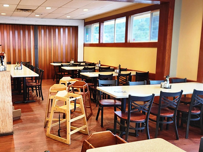 Simple, comfortable seating awaits inside &ndash; because when you're planning multiple trips to the buffet line, ergonomics matter.