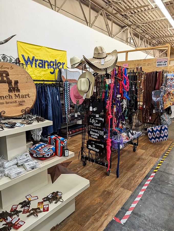 Cowboy couture meets practical ranch wear in this Western wonderland. Those hats aren't just hanging around&mdash;they're waiting for adventures.