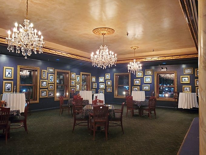 Crystal chandeliers and navy walls create an unexpected elegance inside, like dining in your fancy friend's living room&mdash;if your friend had impeccable taste.