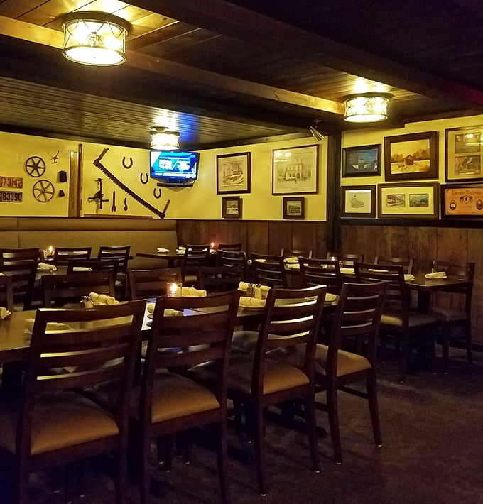 Step back in time when you enter this rustic dining room where farm tools become art and every wooden beam tells a story.