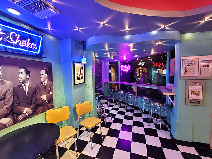 Step into a time machine disguised as a milkshake shop. The retro-cool interior with its checkerboard floor and blue walls channels Palm Springs' mid-century magic.