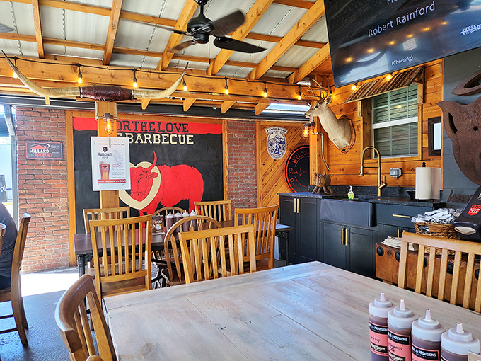 Exposed beams and brick walls create the perfect backdrop for what's about to be your new favorite meal.