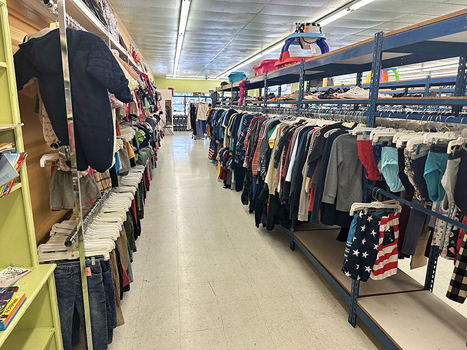 Racks upon racks of clothing stretch into the distance like a textile Grand Canyon. The thrill of the hunt begins here.