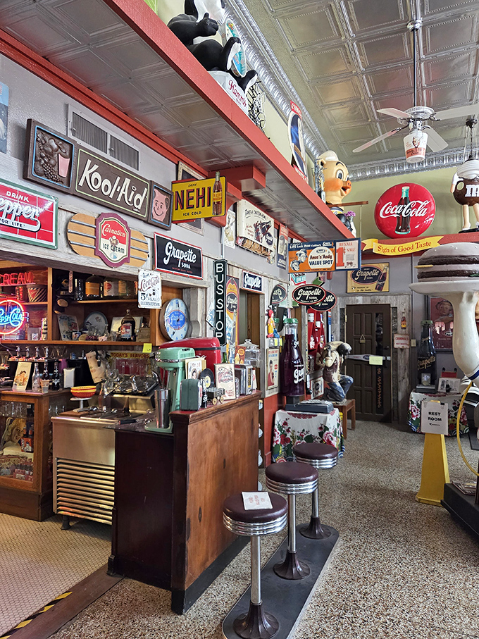 Step inside and prepare for sensory overload! Every inch of wall space celebrates America's love affair with soda, diners, and the open road.