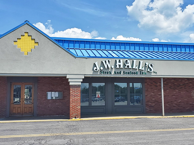 J.W. Hall's Steak and Seafood Inn isn't trying to be trendy&mdash;it's too busy being delicious. The blue roof signals comfort food territory ahead.