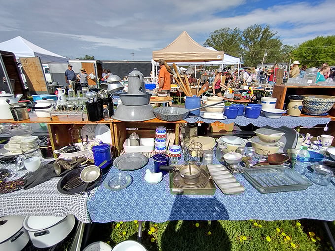 Grandma's kitchen comes alive on blue tablecloths. Enamelware, crockery, and vintage kitchen gadgets that made meals before microwaves ruled the world.