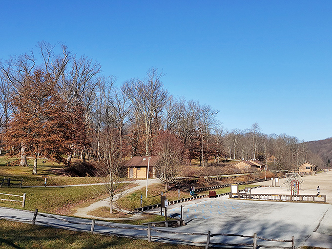 Fall's paintbrush transforms the landscape into a masterpiece of amber and gold, making even the empty beach pavilions look like art installations.