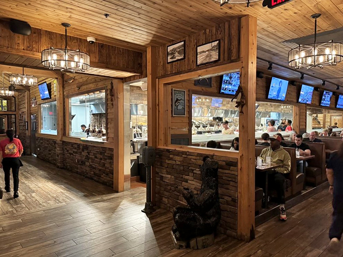 Rustic wooden beams and stone accents create the perfect backdrop for food that demands to be photographed before devoured.