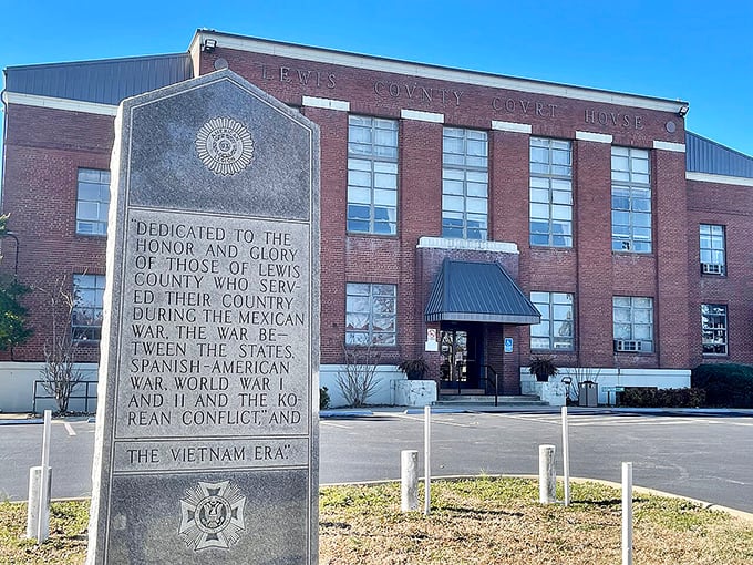 The Lewis County Courthouse stands proudly, reminding visitors that some buildings were built to last longer than smartphones.