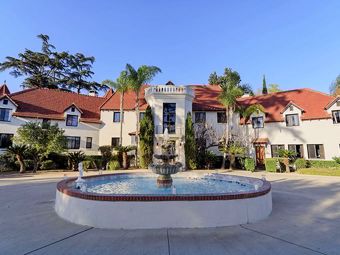 The castle's courtyard fountain creates a mesmerizing centerpiece, where water dances in the California sunshine against a backdrop of terracotta and white.