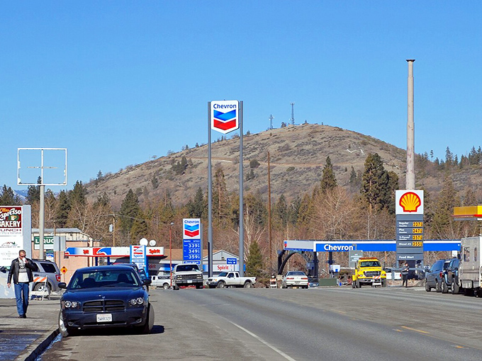 Main Street stretches out with gas stations offering prices that won't require a second mortgage.