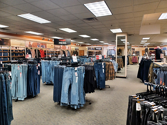 Endless racks of denim await, each pair whispering promises of a perfect fit.