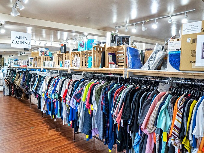 A rainbow of possibilities awaits in the men's section, where shirts and jackets line up like eager contestants on a fashion game show.