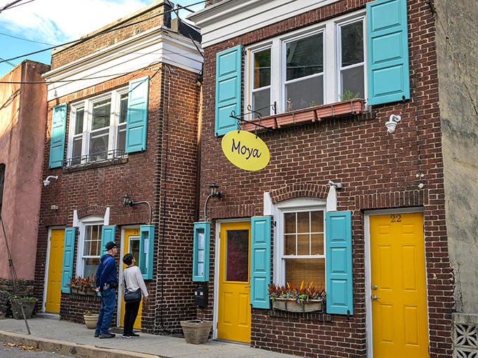 Moya's bright yellow door and turquoise shutters aren't just eye-catching&mdash;they're practically shouting "Come eat something delicious!" Like a Wes Anderson set that serves actual food.