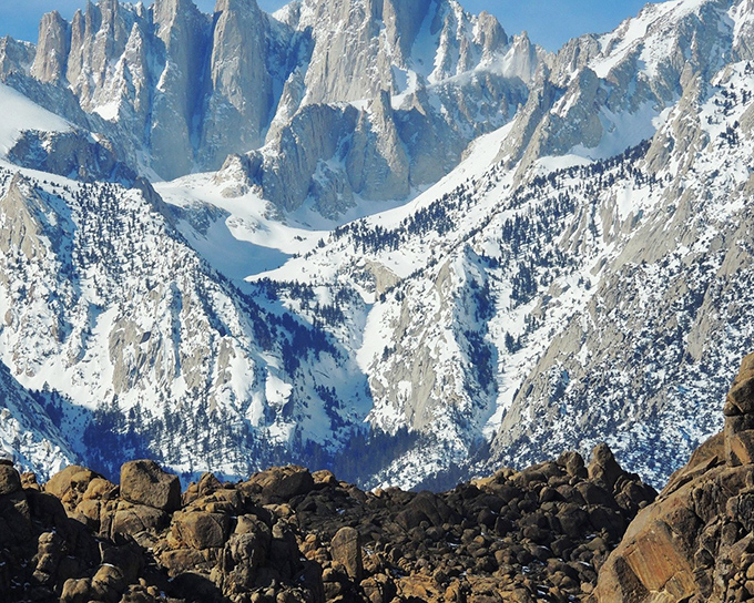 The money shot: Alabama Hills' rounded boulders playing perfect foreground to Mount Whitney's jagged peaks, California's ultimate geological odd couple.