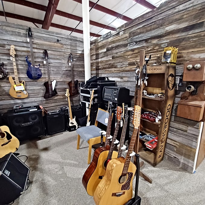 Rock star dreams live on in this musical corner. Vintage guitars wait silently for their next gig, each one holding melodies and memories of performances past.