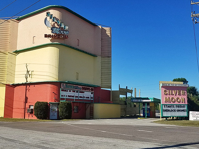 The colorful façade of Silver Moon stands as a cheerful time capsule, its vintage charm defying the digital streaming revolution.