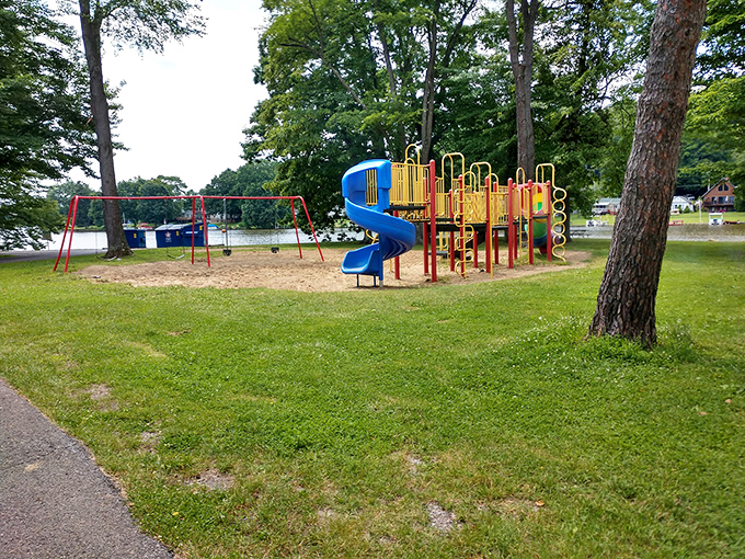 Primary colors and childhood dreams collide at this lakeside playground where grown-ups remember being invincible.