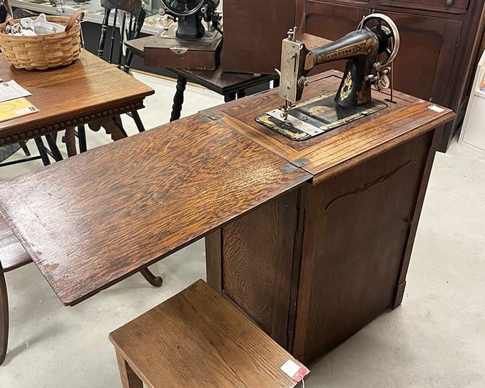 This isn't just a sewing machine; it's someone's great-grandmother's Facebook. Stories were stitched here, not scrolled through.