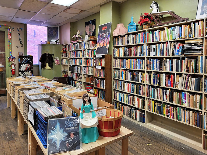 Literary heaven awaits between these wooden shelves, where forgotten bestsellers and obscure gems stand shoulder to shoulder like old friends.