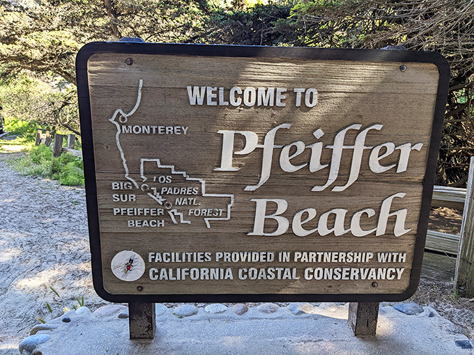 The unassuming gatekeeper to paradise. This wooden sign marks the entrance to one of California's most magical coastal treasures.