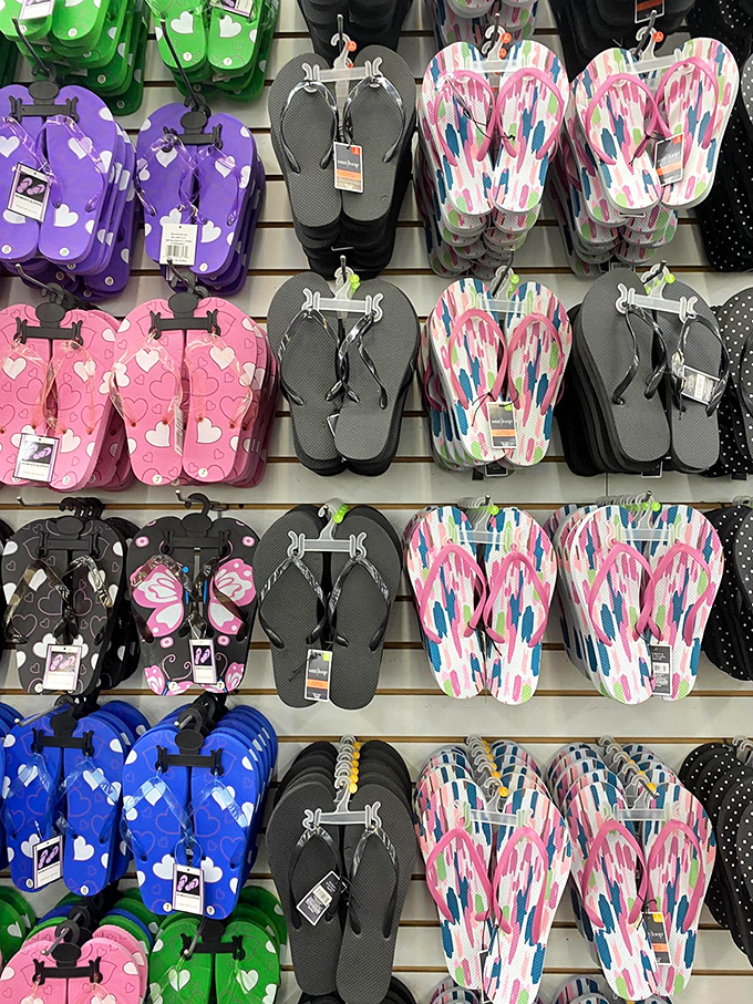 A rainbow wall of flip-flops that would make Jimmy Buffett weep tears of Margaritaville joy.