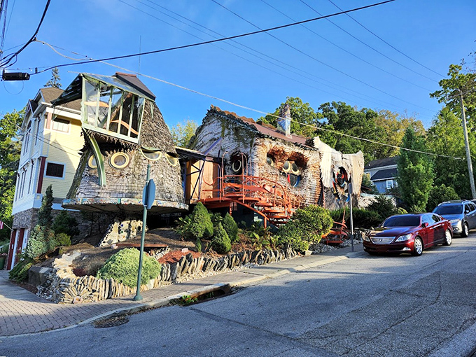 From the street, the Mushroom House appears like an architectural fever dream that somehow got approved by the zoning board.