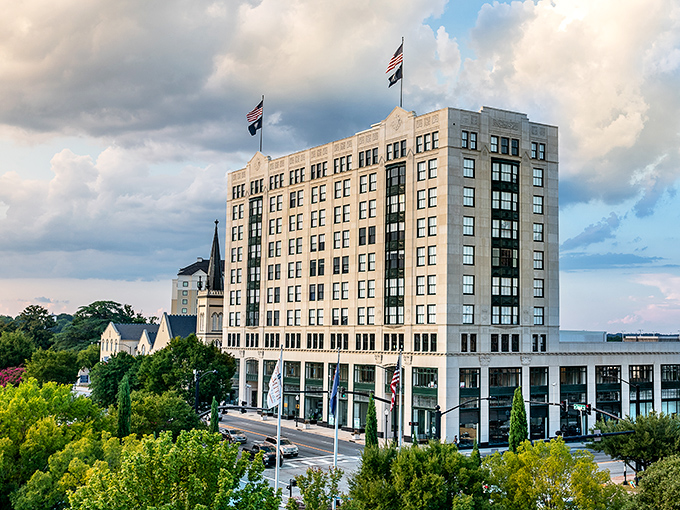 The Montgomery Building rises majestically against Carolina blue skies, a testament to Spartanburg's blend of historic preservation and forward-thinking revitalization.
