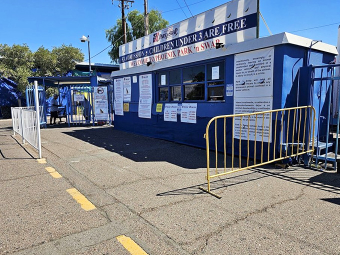 The unassuming blue ticket booth serves as the gateway to treasure hunting adventures. Children under 3 enter free—starting bargain hunters young!