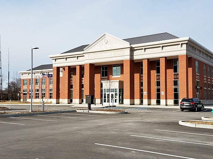 Zionsville's stately Town Hall blends modern functionality with classic architectural elements, standing as a civic centerpiece against Indiana's ever-changing skies.