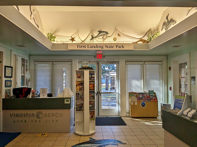 The visitor center welcomes explorers with nautical charm&mdash;those ceiling decorations aren't just for show, they're setting the coastal mood before your adventure begins. 