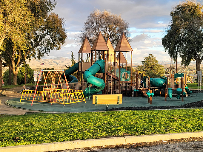 Childhood joy meets breathtaking views at this playground, where kids slide and swing while parents soak in those golden California hills in the distance.