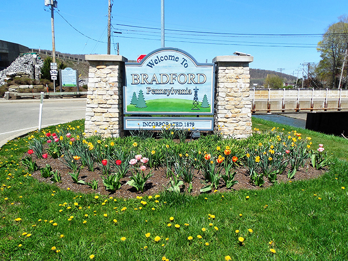 Bradford welcomes visitors with colorful tulips and a stone sign that might as well say, "Relax, your blood pressure just dropped 10 points."