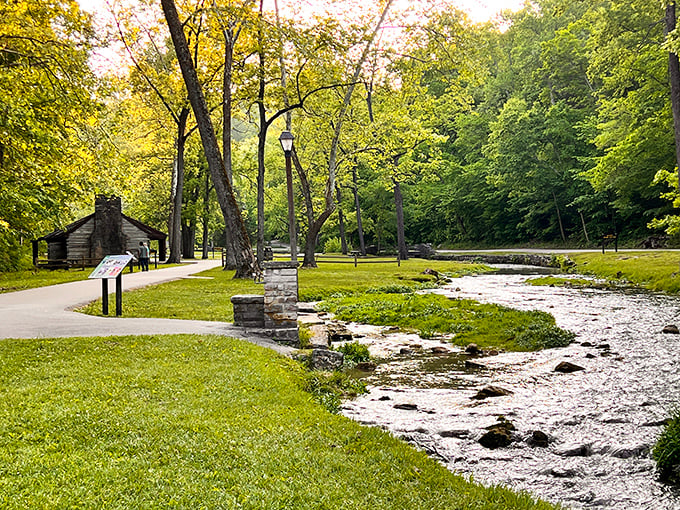 A peaceful stream meanders past a pioneer cabin, where the loudest sound you'll hear is history whispering its secrets.