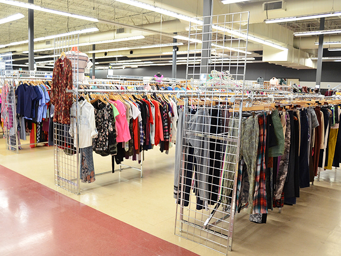 Clothing racks stretch as far as the eye can see&mdash;a textile jungle where vintage gems hide among everyday basics, waiting for their second chance.
