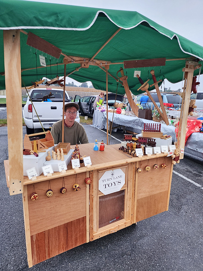Handcrafted wooden toys await new homes at this outdoor stall. No batteries required &ndash; just imagination and the smooth feel of well-sanded maple.