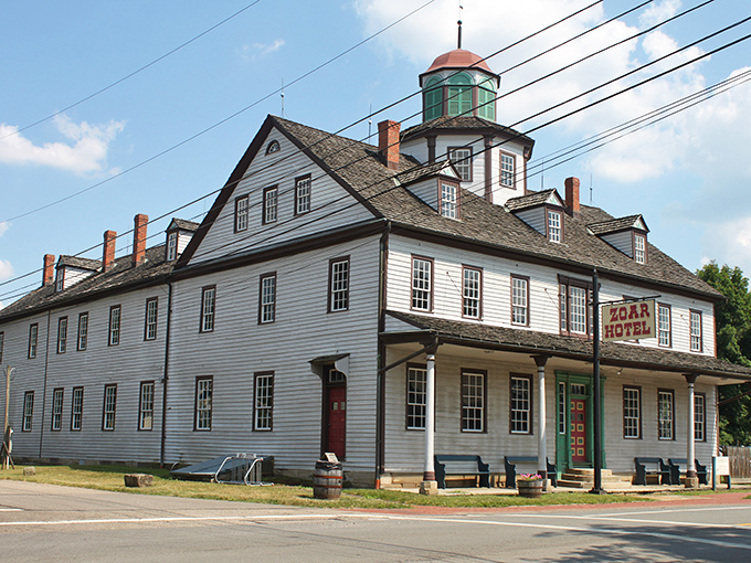 The Zoar Hotel stands as proudly today as it did when welcoming canal travelers, minus the cholera and plus indoor plumbing—definitely a hospitality upgrade!