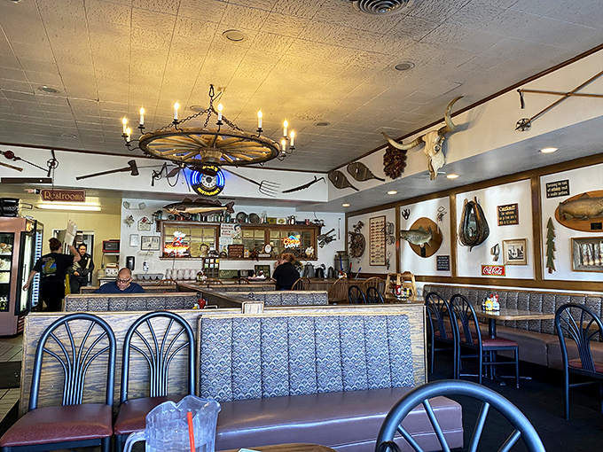 Step inside and you're greeted by wagon wheel chandeliers and mounted trophies &ndash; not a designer's vision of the West, but the real deal, seasoned with decades of stories.