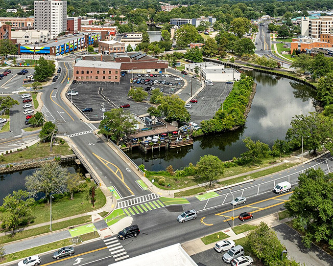 From this bird's eye view, you can see how the Wicomico River embraces downtown Salisbury like a liquid hug from Mother Nature herself.