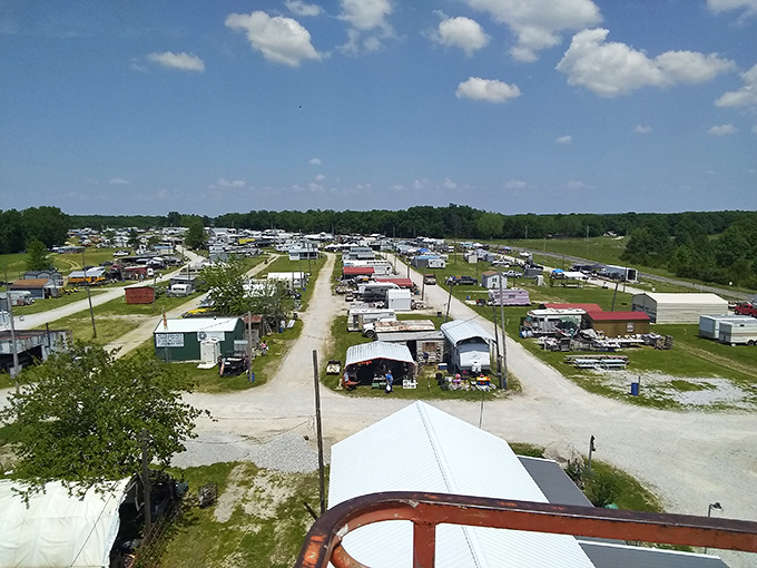 From above, Rutledge transforms into a small city of vendors, with neat rows of booths stretching toward the horizon under Missouri's endless blue sky.