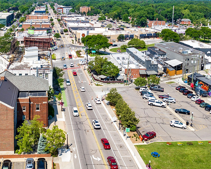 This aerial view isn't showing Ferndale, but rather another town with similar small-town charm and tree-lined streets.