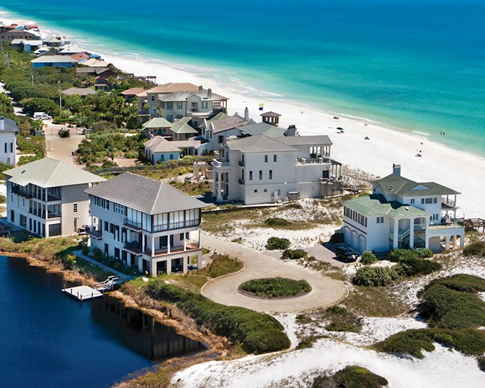 From up here, those beach houses look like Monopoly pieces someone arranged on the world's prettiest board game.