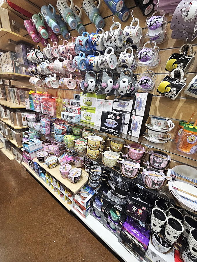 A colorful array of novelty mugs stands ready to caffeinate your morning routine with a splash of whimsy and character.