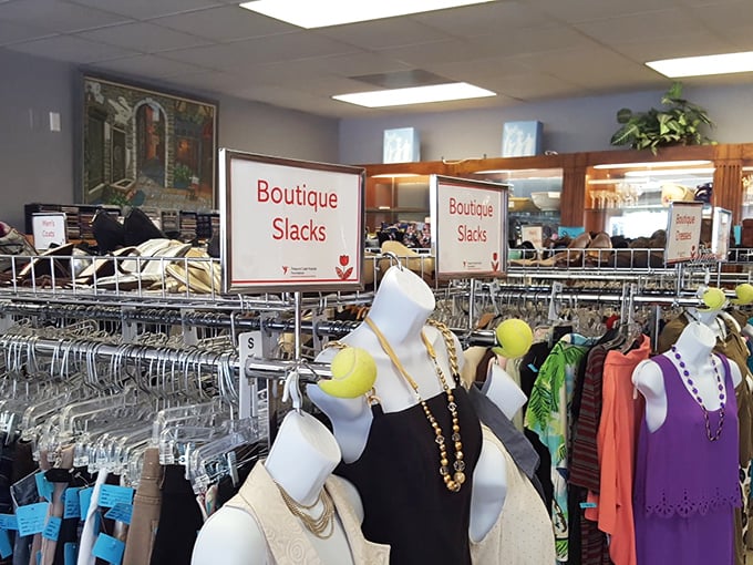 Boutique Slacks section showcases the meticulous organization that sets this thrift store apart from the chaotic jumble of others.