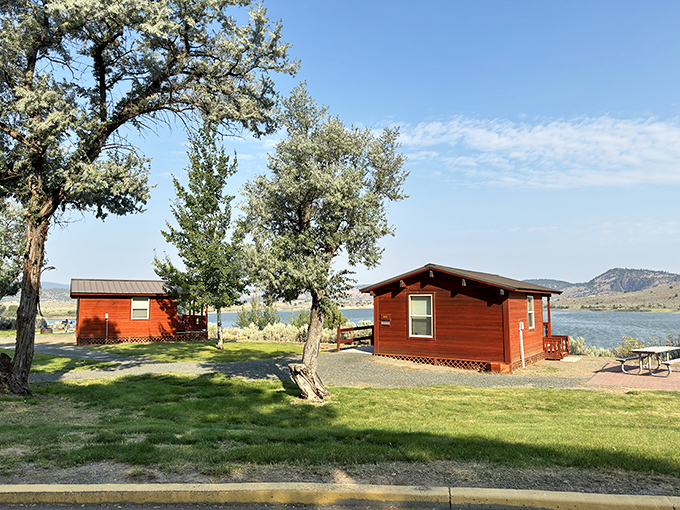 Lakeside cabins that prove "rustic" and "comfortable" aren't mutually exclusive terms. Morning coffee with this view? Yes, please.